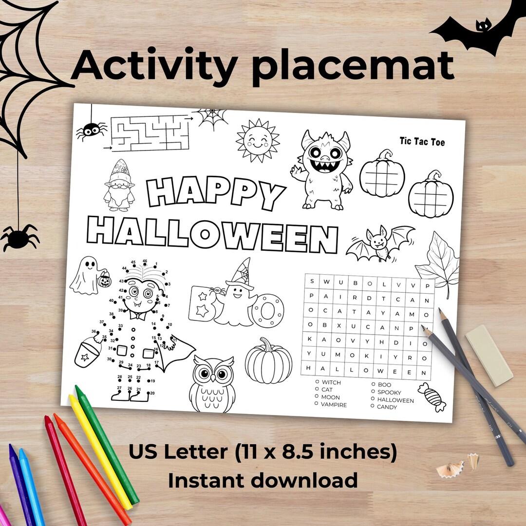 Halloween Activity Placemat, Printable Coloring Games for Kids ...