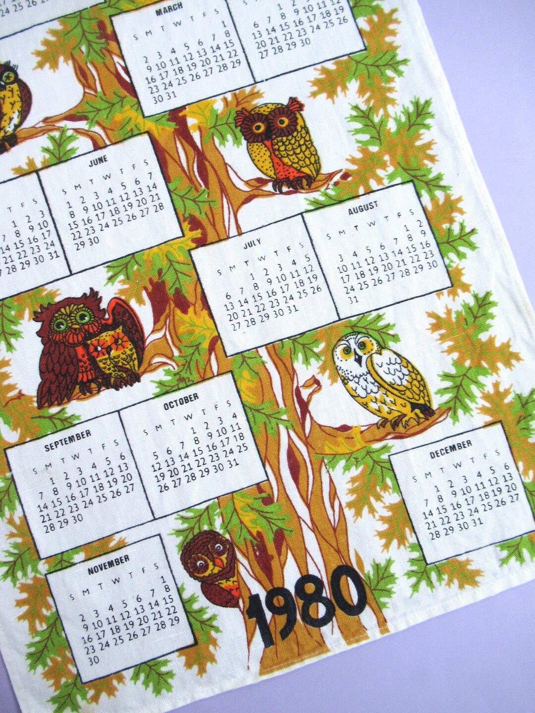 Vintage 1980 Calendar Tea Towel: Owls & Oak Tree Design, 80s Kitchen ...