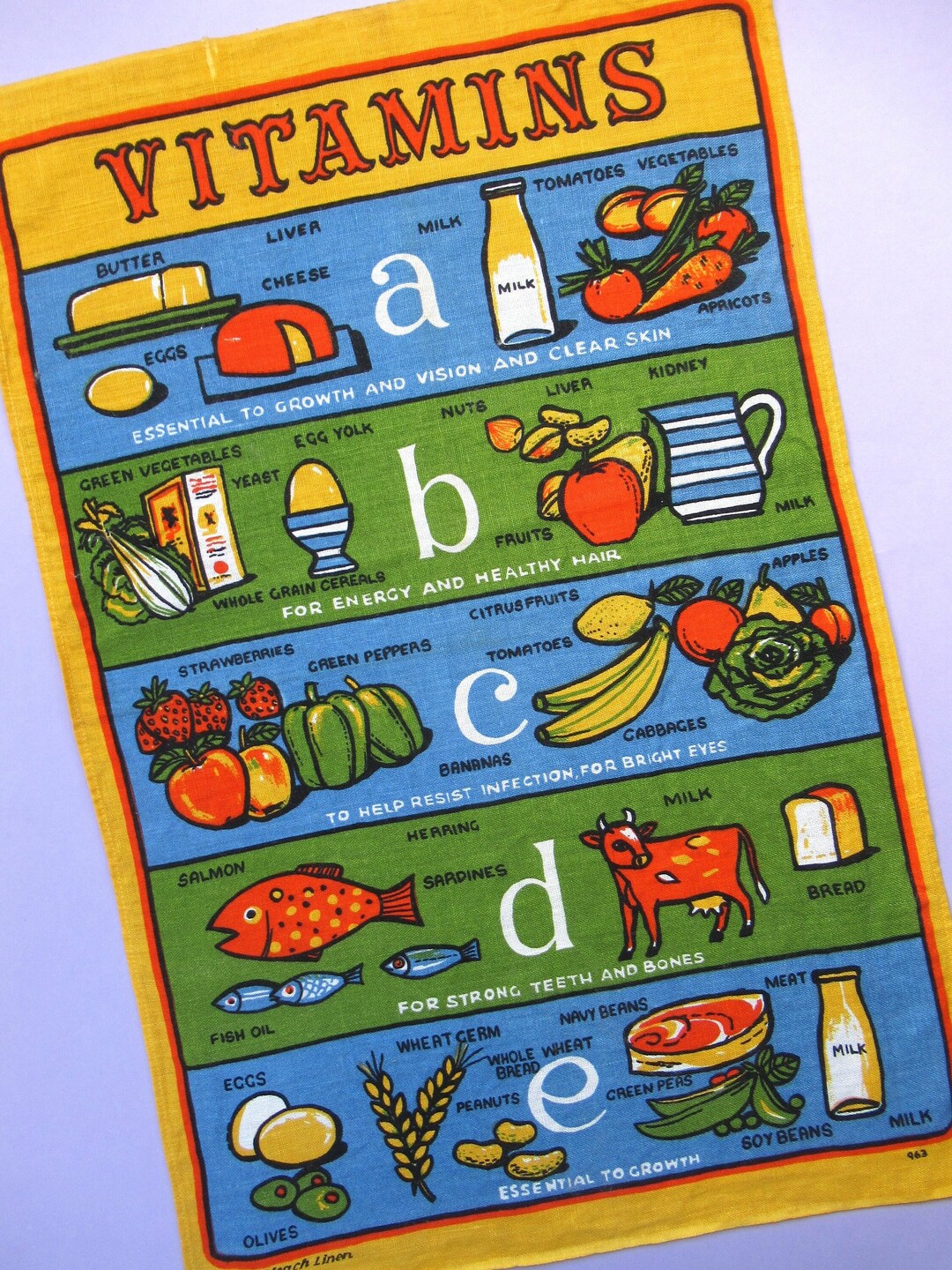Vintage Tea Towel: Vitamins, Retro Food Chart, 70s, 1970s, Bright ...