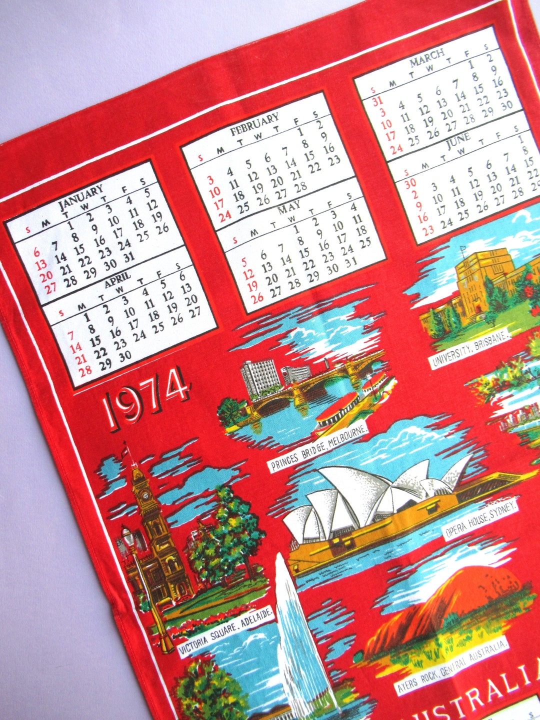 Vintage 1974 Calendar Tea Towel: Australian Souvenir Cotton Dish Towel ...
