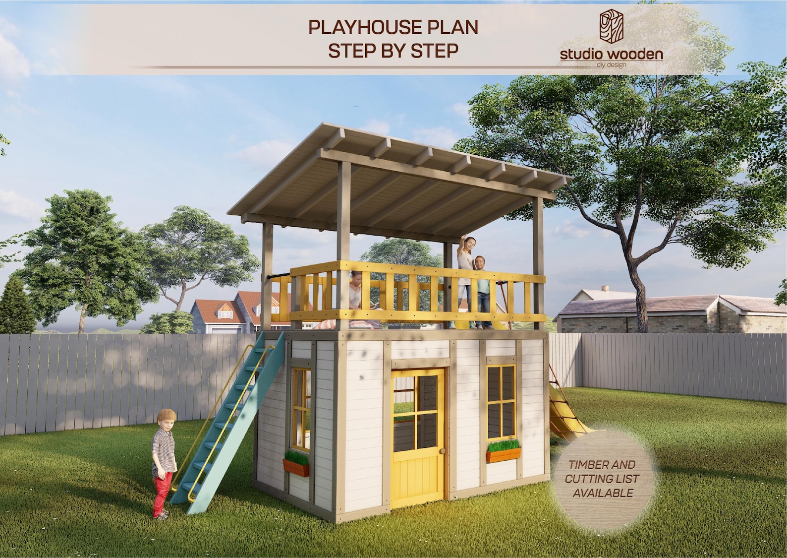 Kids Playhouse Plan With Slide and Climbing Wall, Architectural Wooden ...