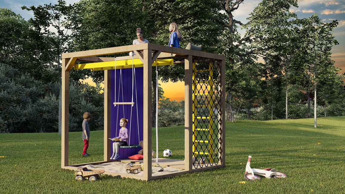 Playhouse Plan Swing Sandbox Climbing Wall Basketball Hoop Set Very ...