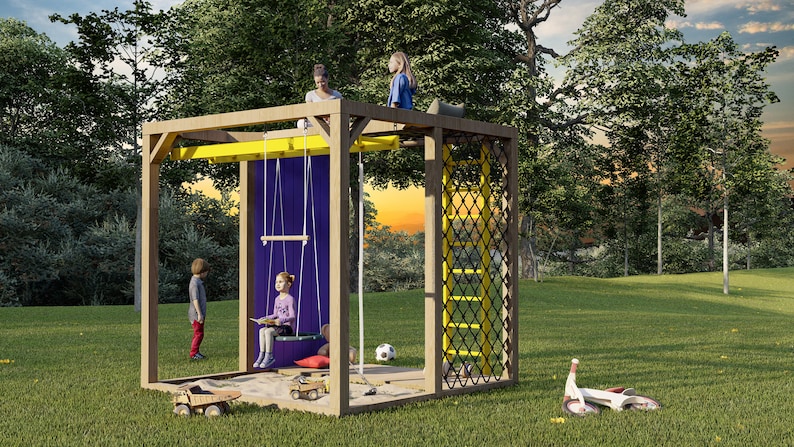 Playhouse Plan Swing Sandbox Climbing Wall Basketball Hoop Set Very ...