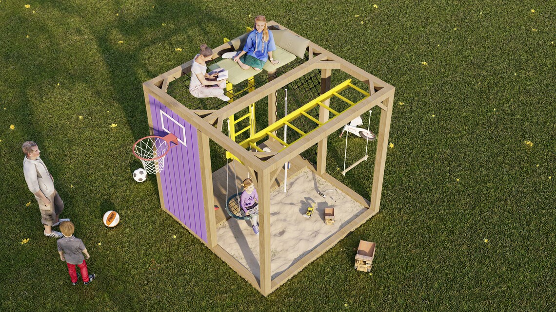 Playhouse Plan Swing Sandbox Climbing Wall Basketball Hoop Set Very ...