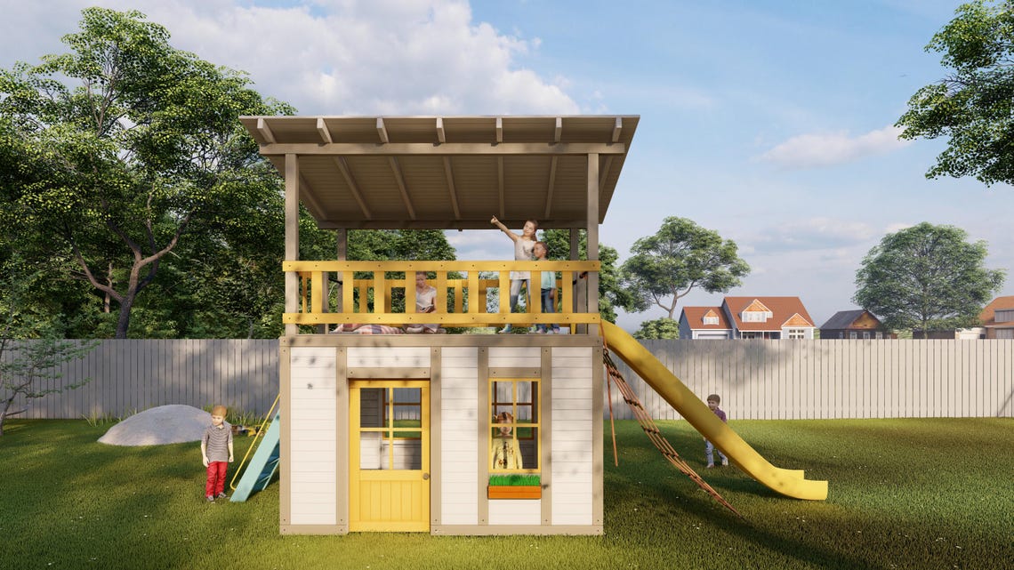 Kids Playhouse Plan With Slide and Climbing Wall, Architectural Wooden ...