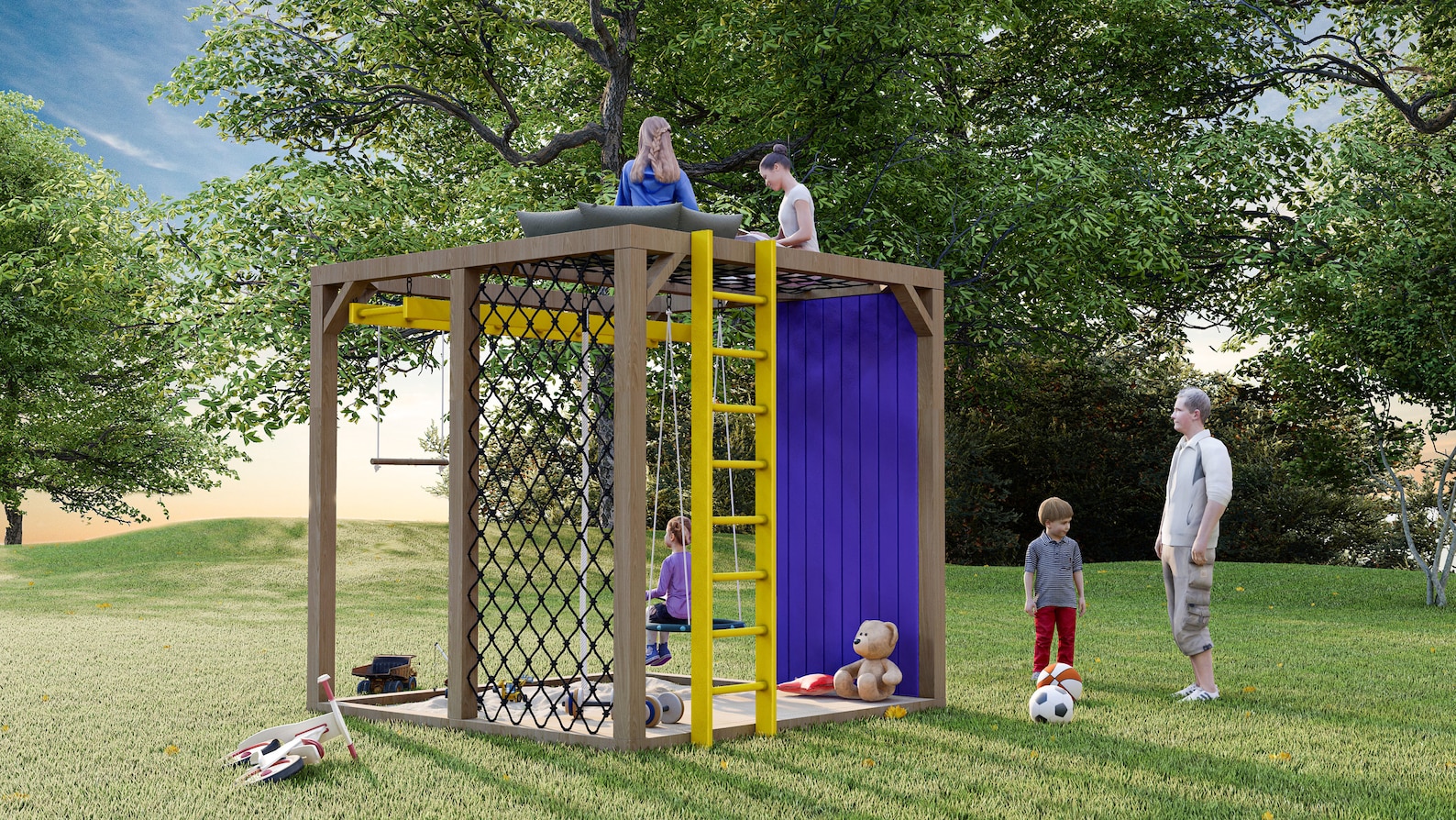 Playhouse Plan Swing Sandbox Climbing Wall Basketball Hoop Set Very ...