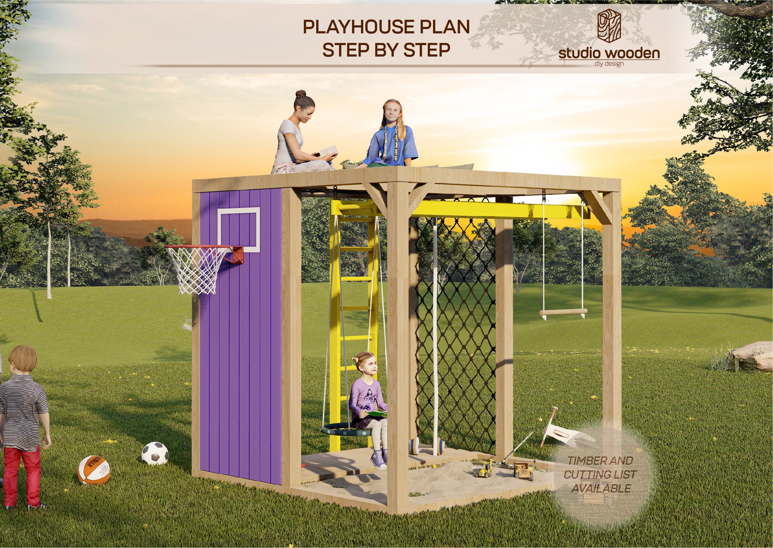 Playhouse Plan Swing Sandbox Climbing Wall Basketball Hoop Set Very ...