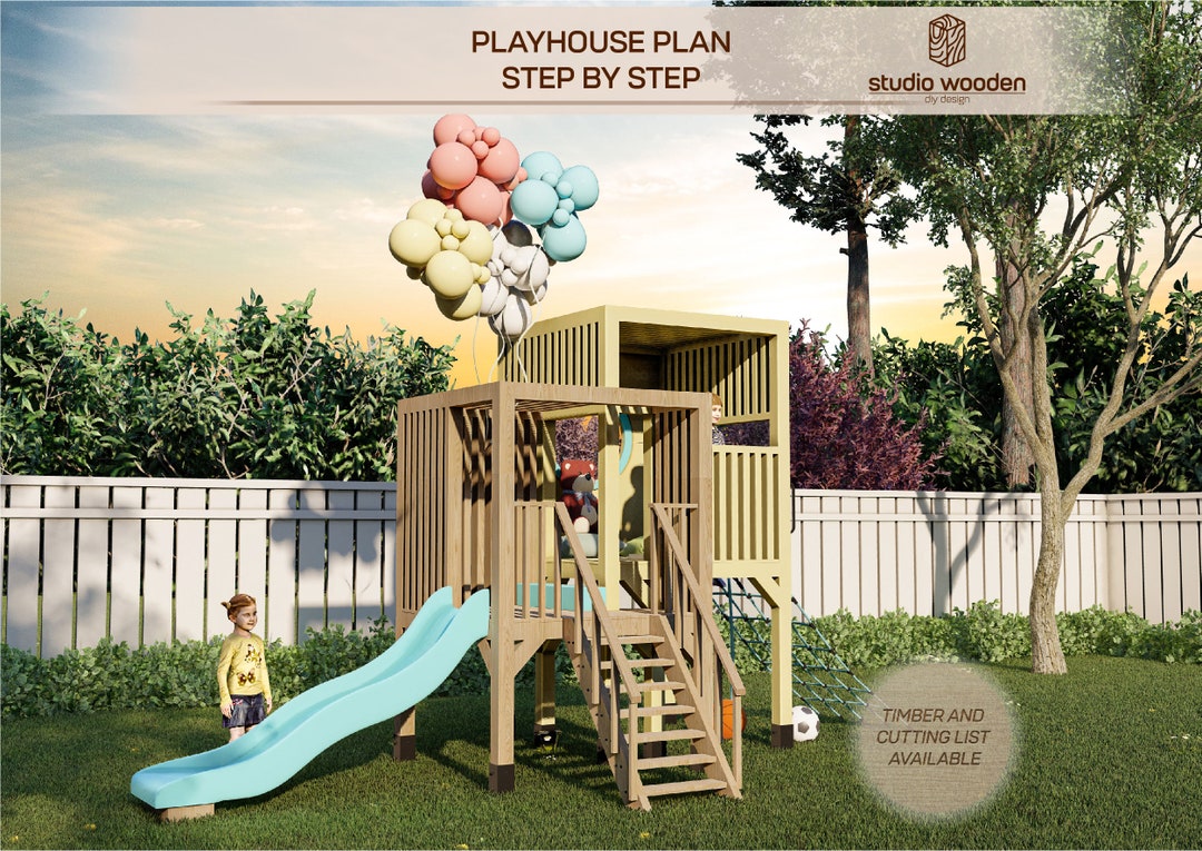 Modern Playhouse With Child Slide and Climbing Ramp Playhouse Plans for ...