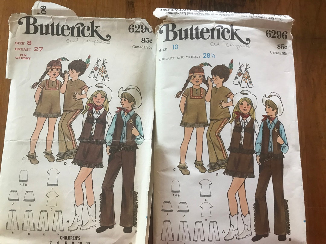 Cowboy and Indians Kids Costume Sewing Patterns Size 2, 8 or 10 Vintage ...