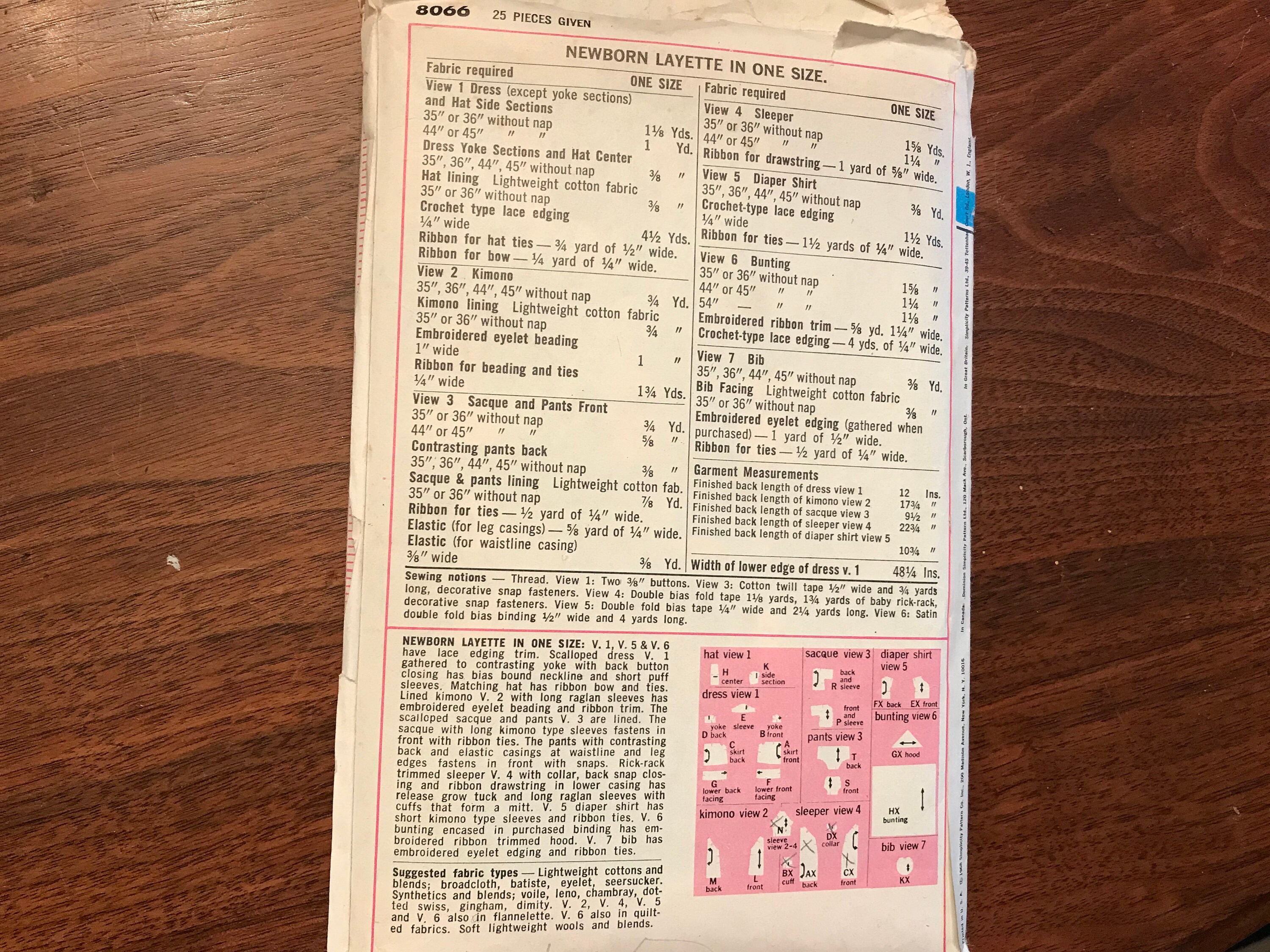 1968 Simplicity 8066 Sewing Pattern Newborn Layette Set, Sleeper ...