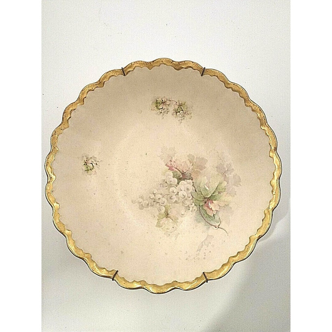 STEUBENVILLE BOWL Gold Rim White GRAPES Pink & White Flowers 10.5 X 2. ...