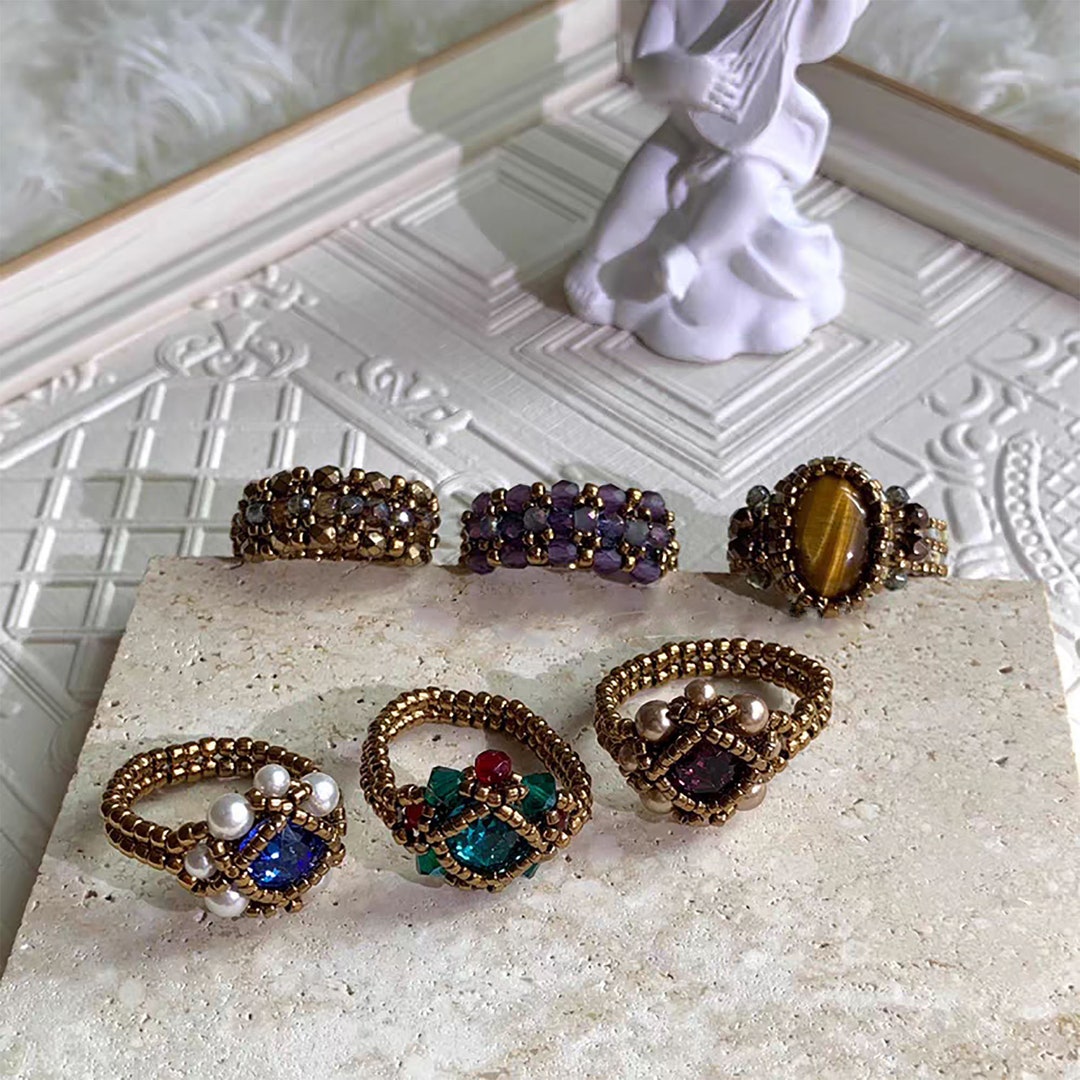 Vintage Gem Crystal Ring, Size Custom Pure Hand-beaded Ring, Top Gem ...