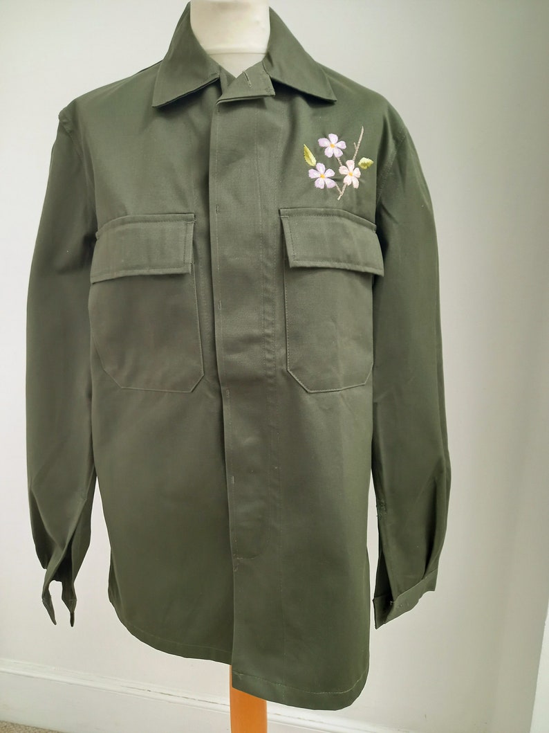 Vintage Army Shirt, Jacket. Embroidered With Bird and Flowers - Etsy