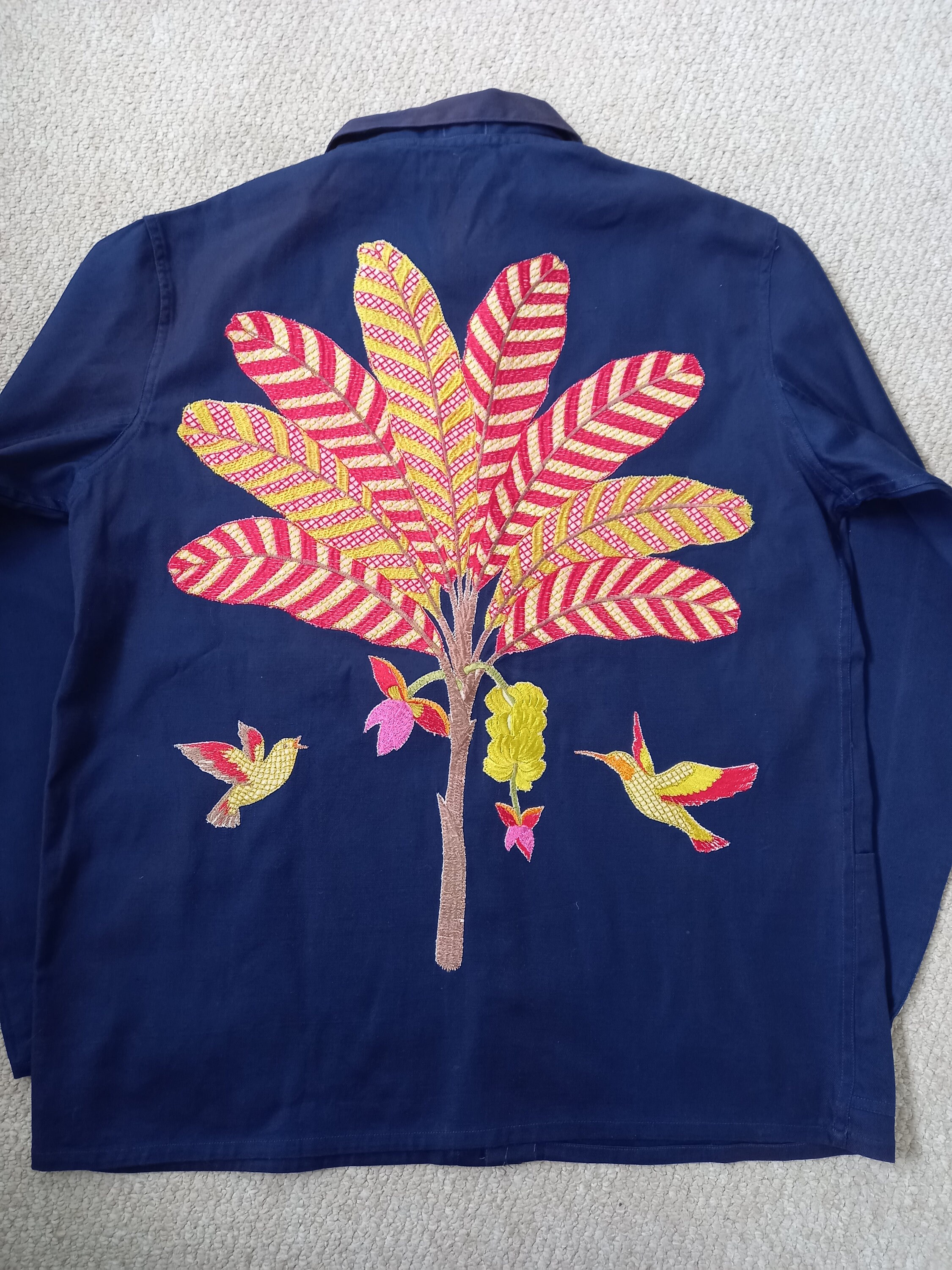 Vintage Chore Jacket, Embroidered Birds and Flowers, Blue Workwear ...