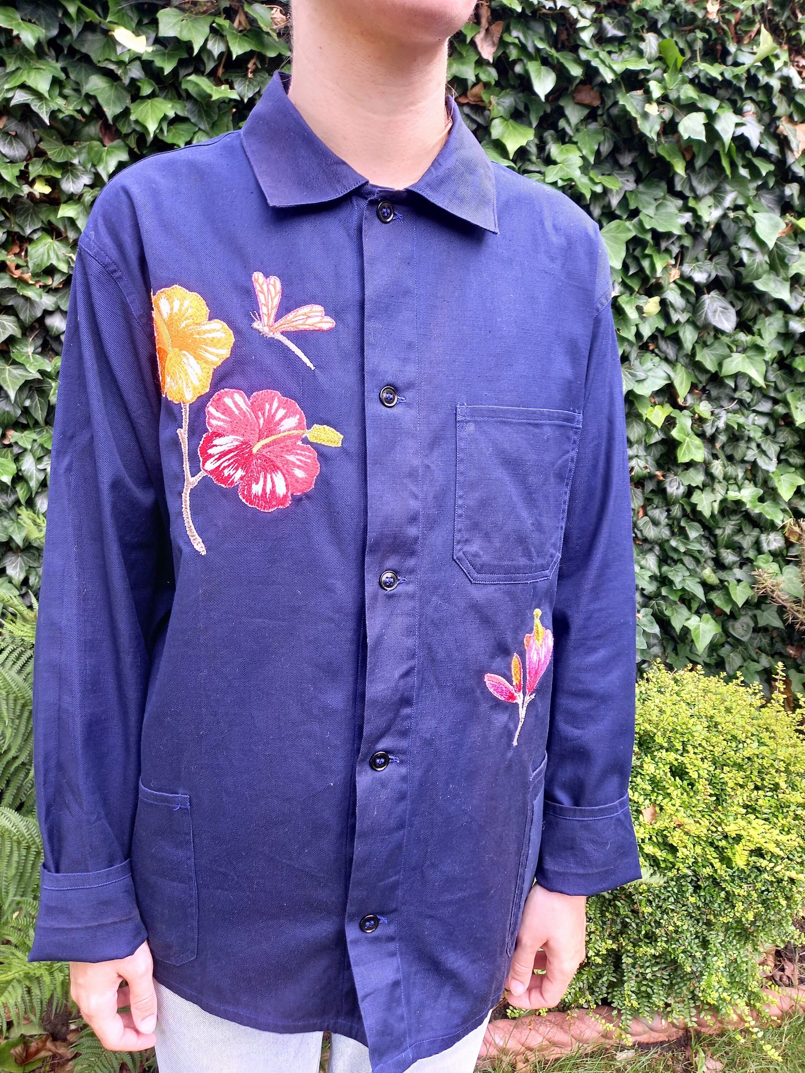 Vintage Chore Jacket, Embroidered Birds and Flowers, Blue Workwear ...