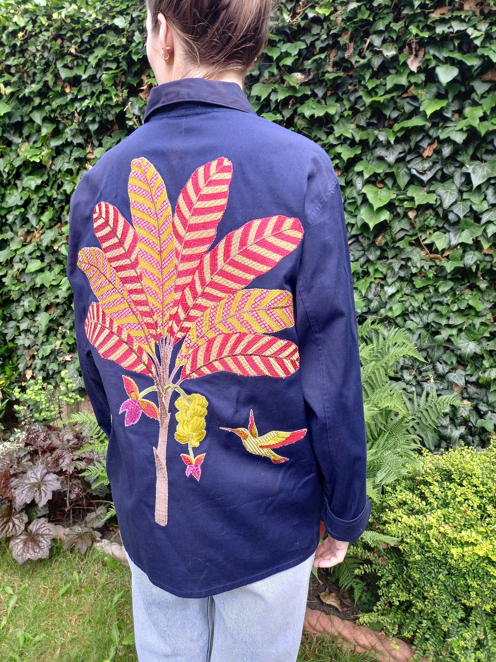 Vintage Chore Jacket, Embroidered Birds and Flowers, Blue Workwear ...
