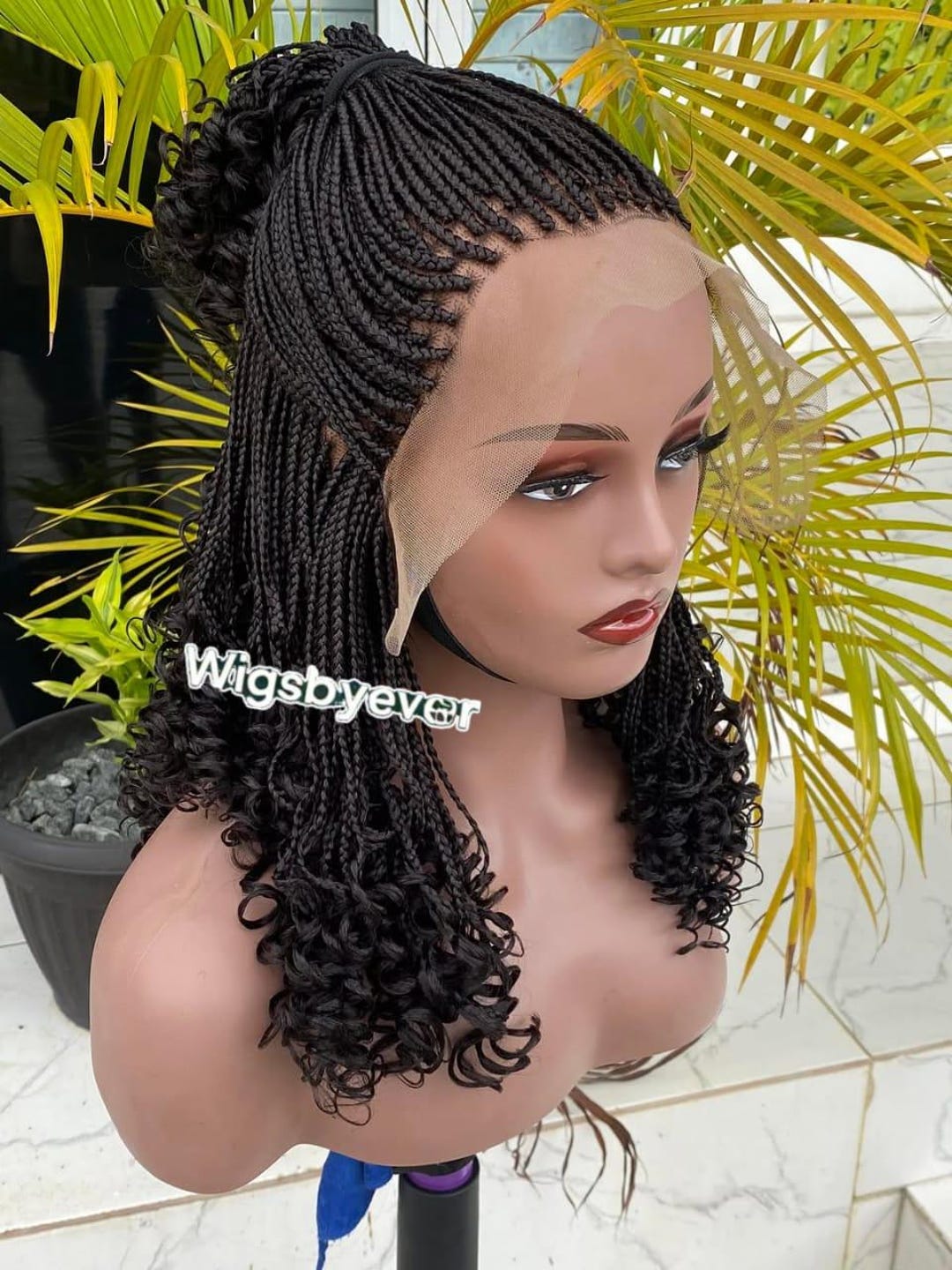 Black Lace Front Braided Curly Wig, Goddess Braids With Curly Ends ...