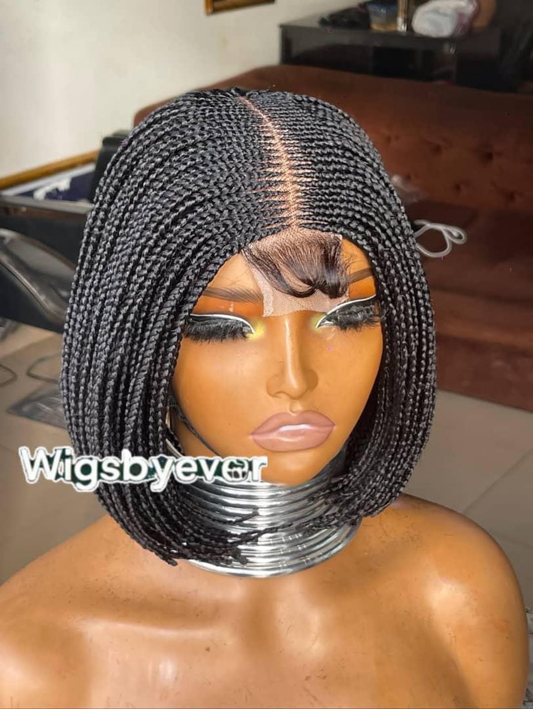 Braided Bob Wig: Black Box Braids, Lace Closure Wig - Etsy