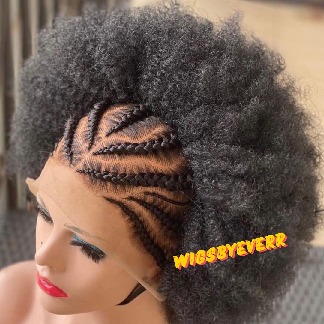 Ready to Ship Lace Front Afro Puff Cornrow Wig Braided Wig for Black ...