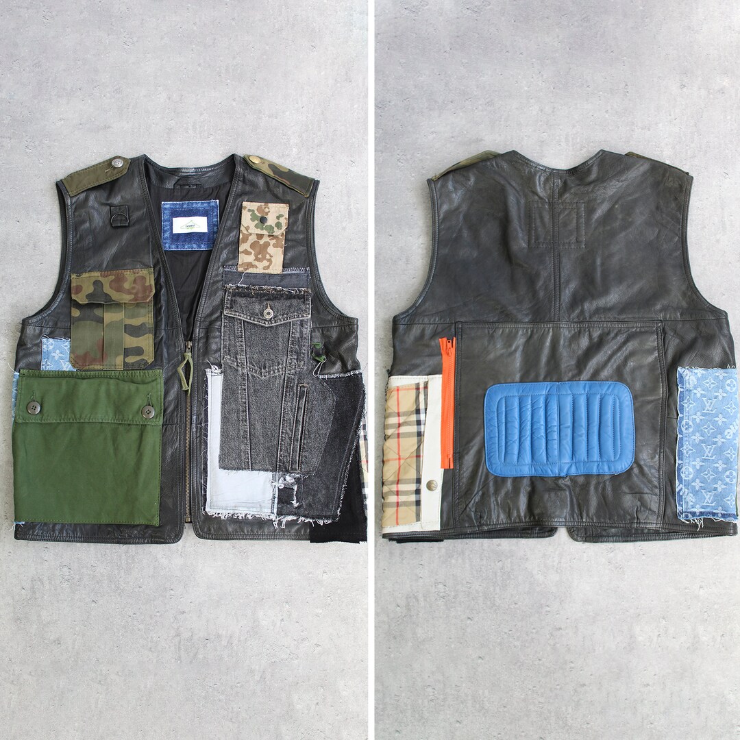 Black Genuine Leather Vest Y2k Multi Pocket Utility Jacket Upcycled ...