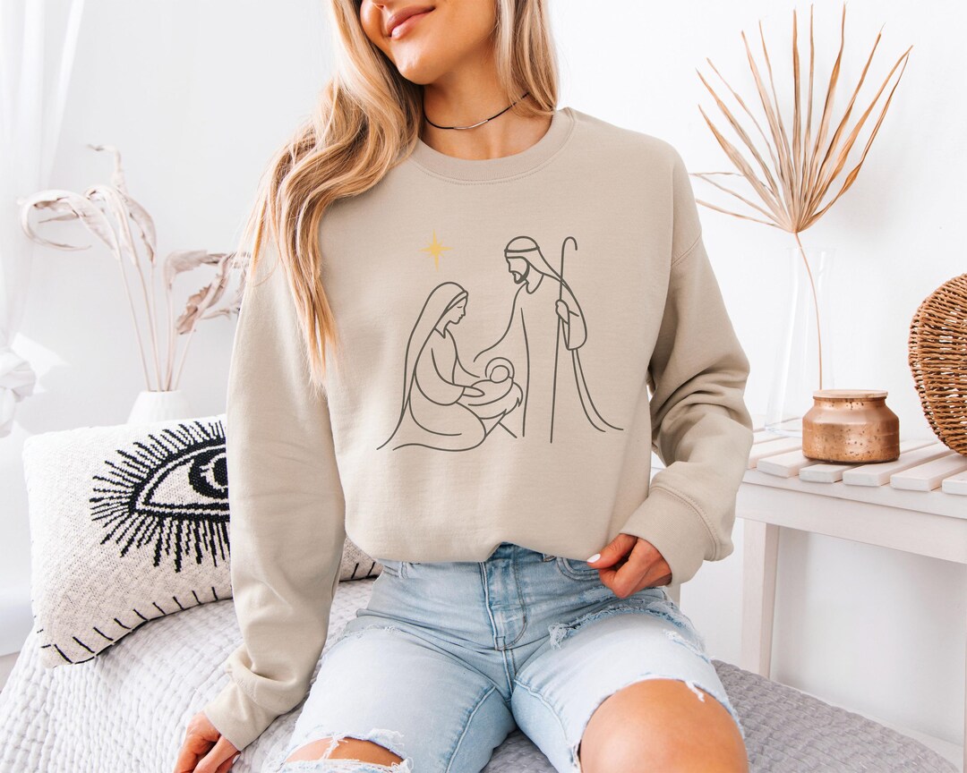 Nativity Scene Line Art Sweatshirt, Minimalist Christian Crewneck ...