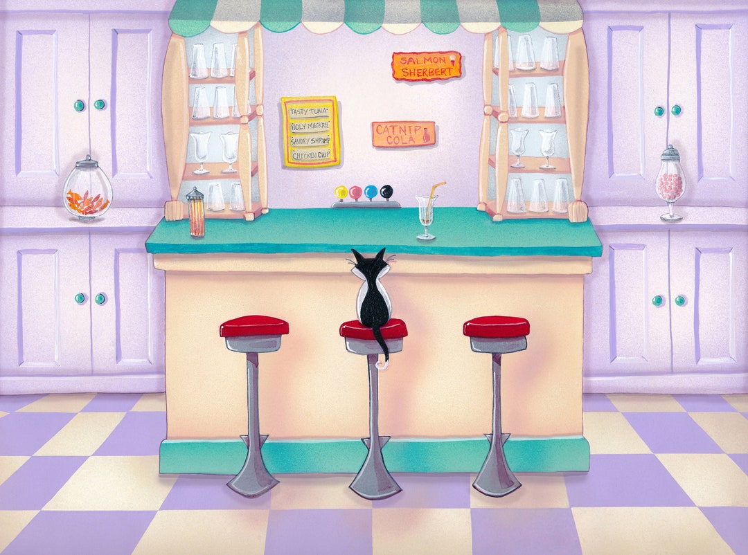 Kitty Bar Art Print: Cat Ice Cream Parlor, Valerie Walsh Artwork (8x10 ...