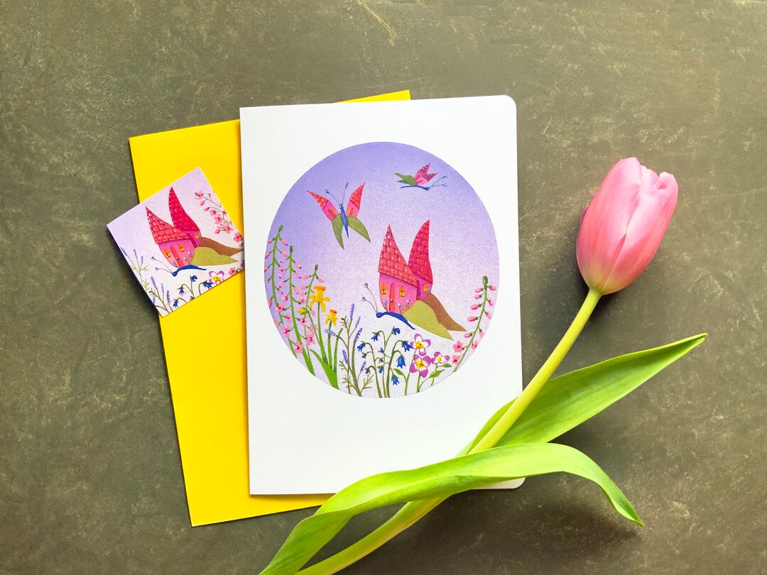 House Fly Blank GREETING CARD | Butterflies-house Shaped Wings-flowers ...