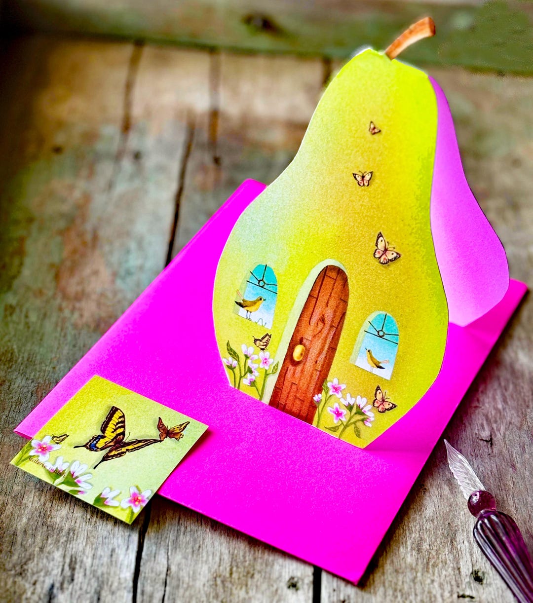 Whimsical Pear Pad Greeting Card | Die-cut Nature Art With Stickers - Etsy