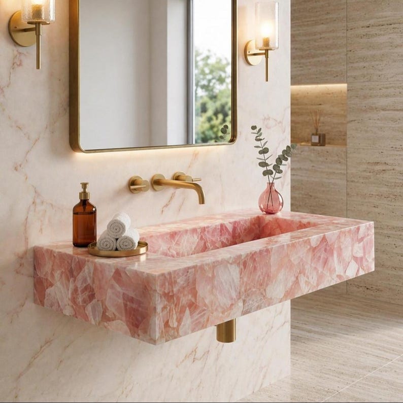 Rose Quartz Sink | Pink Rectangular Stone Basin | Spa Bathroom Vanity ...