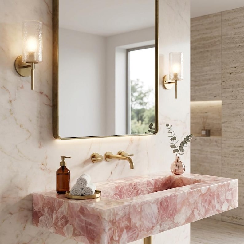 Rose Quartz Sink | Pink Rectangular Stone Basin | Spa Bathroom Vanity ...