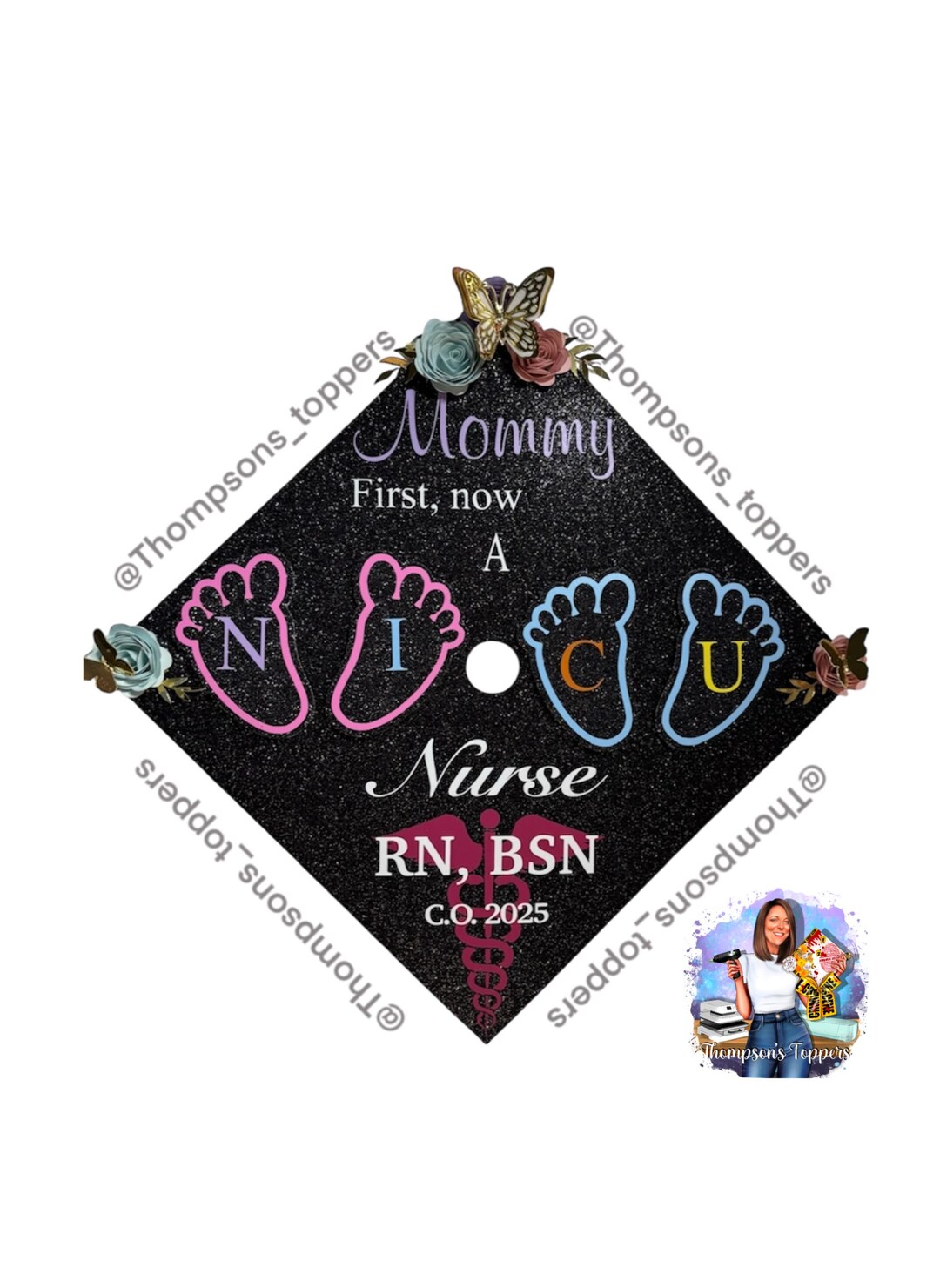 Glitter Graduation Cap Topper: RN BSN NICU Nurse, 3D Baby Feet and ...