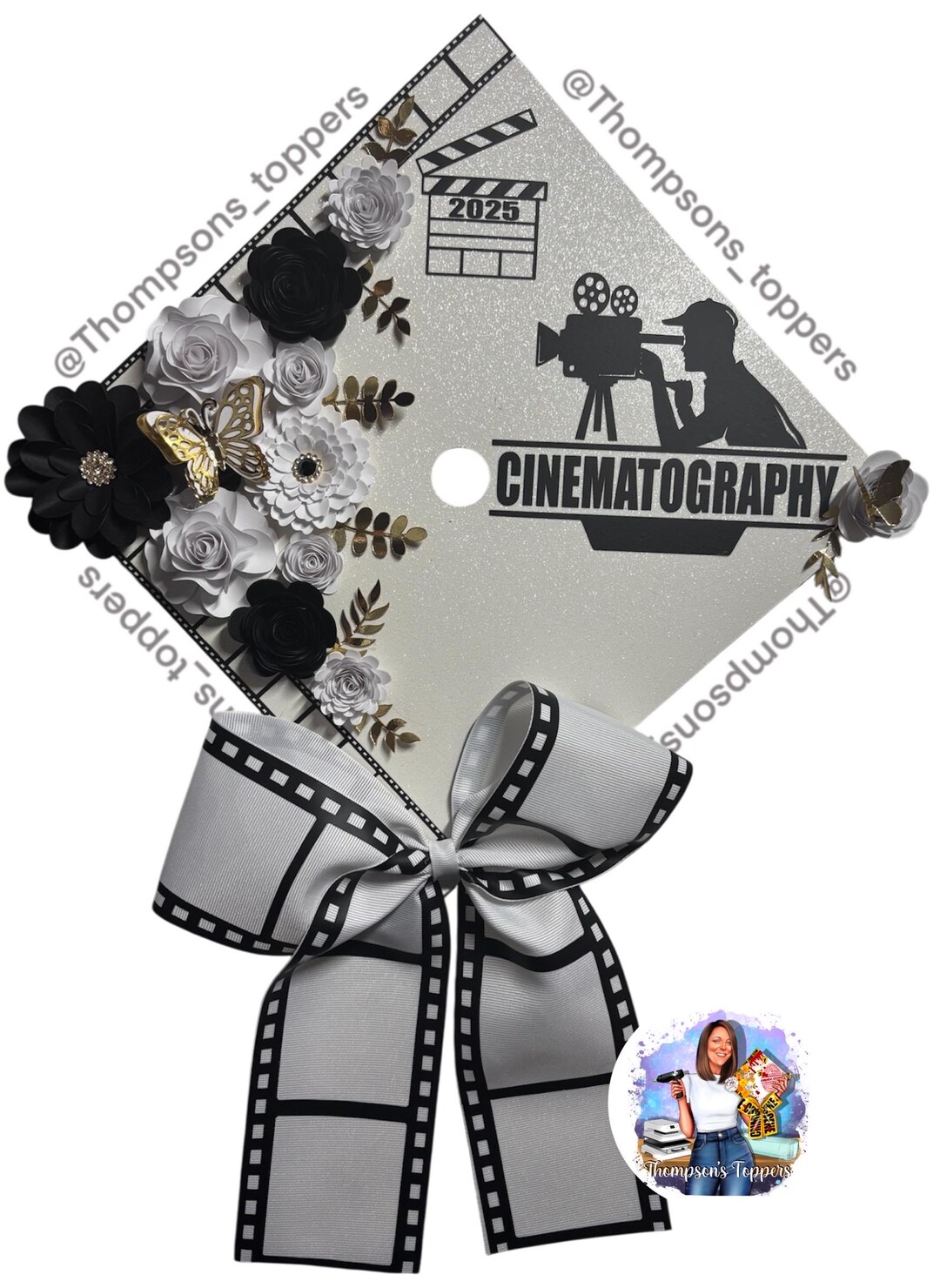 Glitter Cinematography Graduation Cap Topper: Film Reel Bow & Paper ...