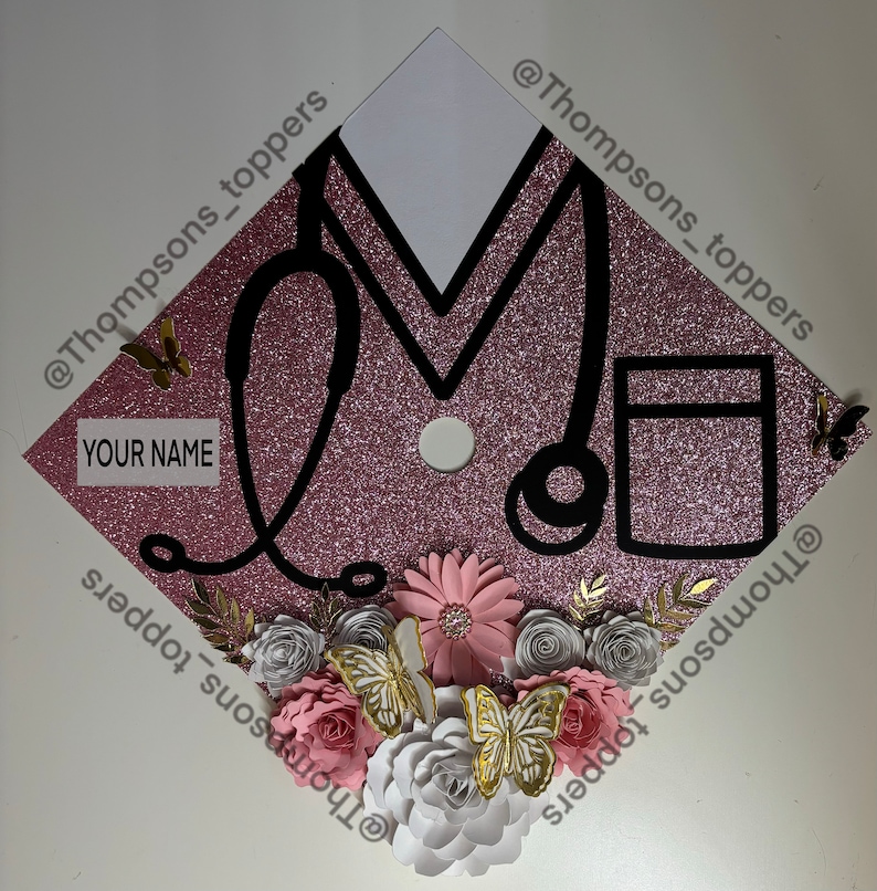Medical Graduation Cap Topper, Glitter Cardstock, Flowers, Scrubs ...