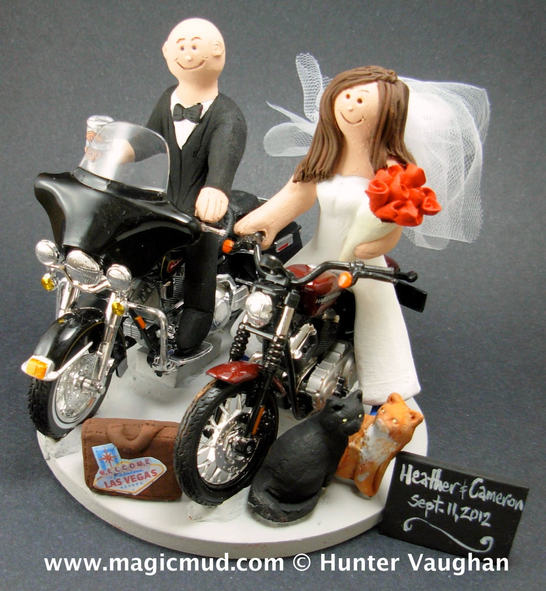 Bride and Groom Riding Harley-davidson Motorcycles Wedding Cake Topper ...