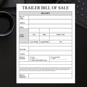 Trailer Bill of Sale, W/receipt Form - Print and Go - Etsy