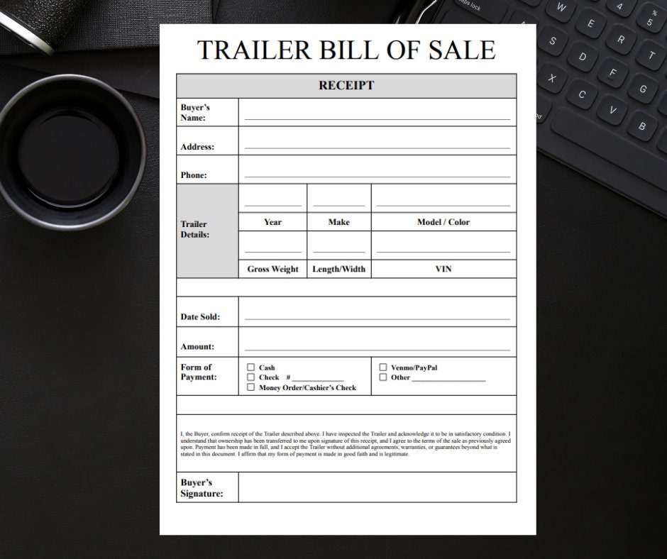 Trailer Bill of Sale, W/receipt Form - Print and Go - Etsy