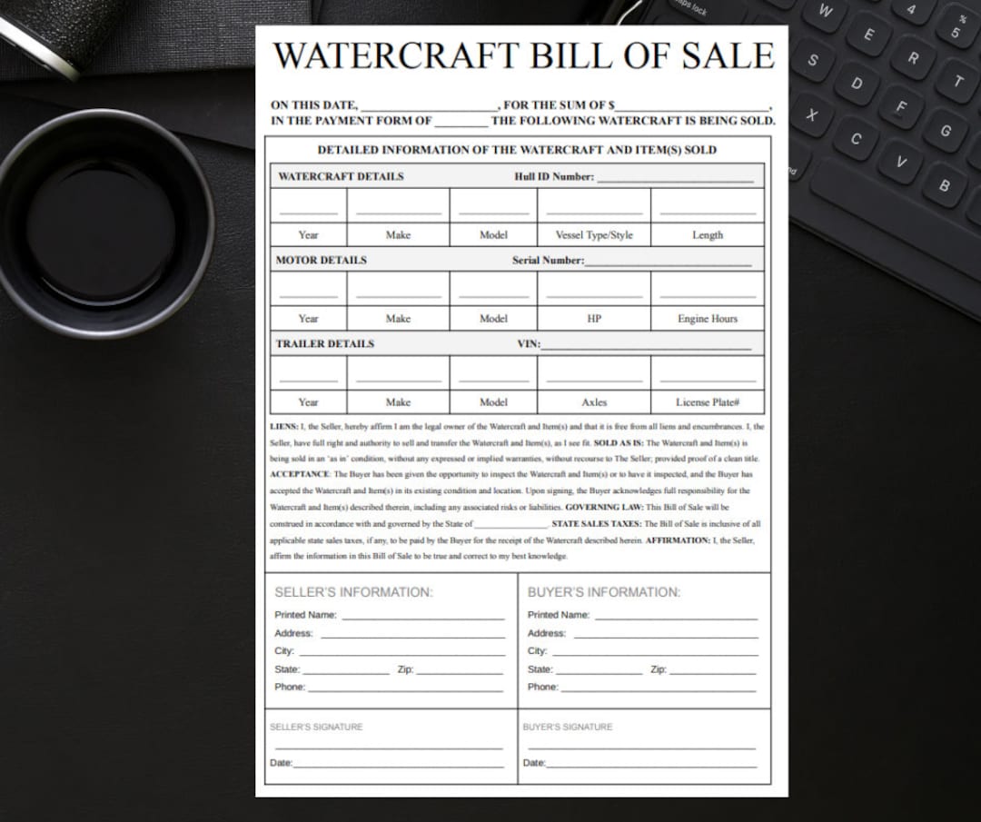 Boat/watercraft Bill of Sale, W/receipt Form - Print and Go - Etsy