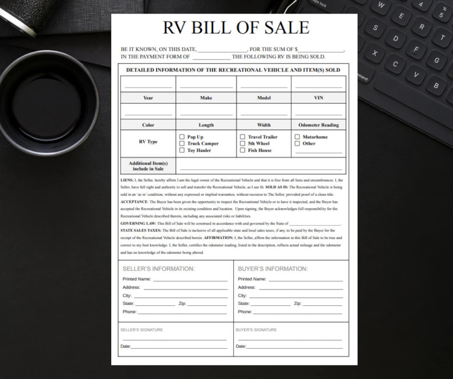 Camper/ RV Bill of Sale, W/receipt Form - Print and Go - Etsy
