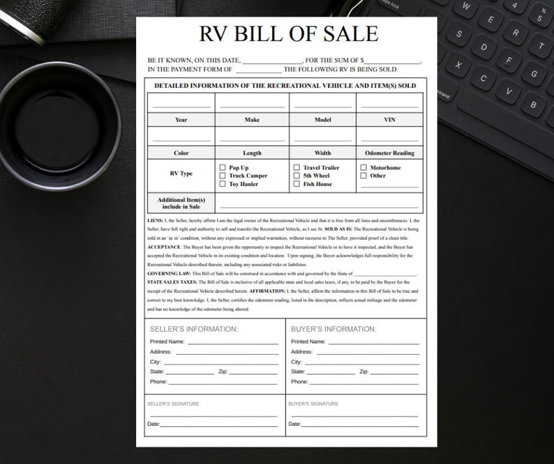Camper/ RV Bill of Sale, W/receipt Form - Print and Go - Etsy