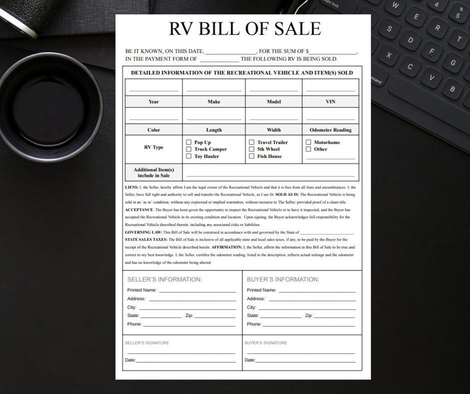 Camper/ RV Bill of Sale, W/receipt Form - Print and Go - Etsy Canada