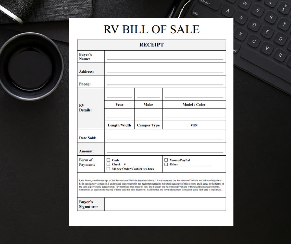 Camper/ RV Bill of Sale, W/receipt Form - Print and Go - Etsy Canada