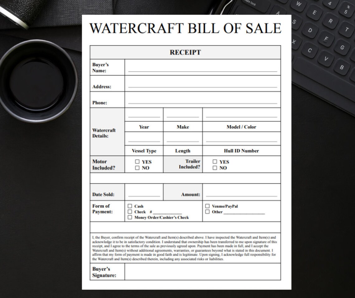 Boat/watercraft Bill of Sale, W/receipt Form - Print and Go - Etsy