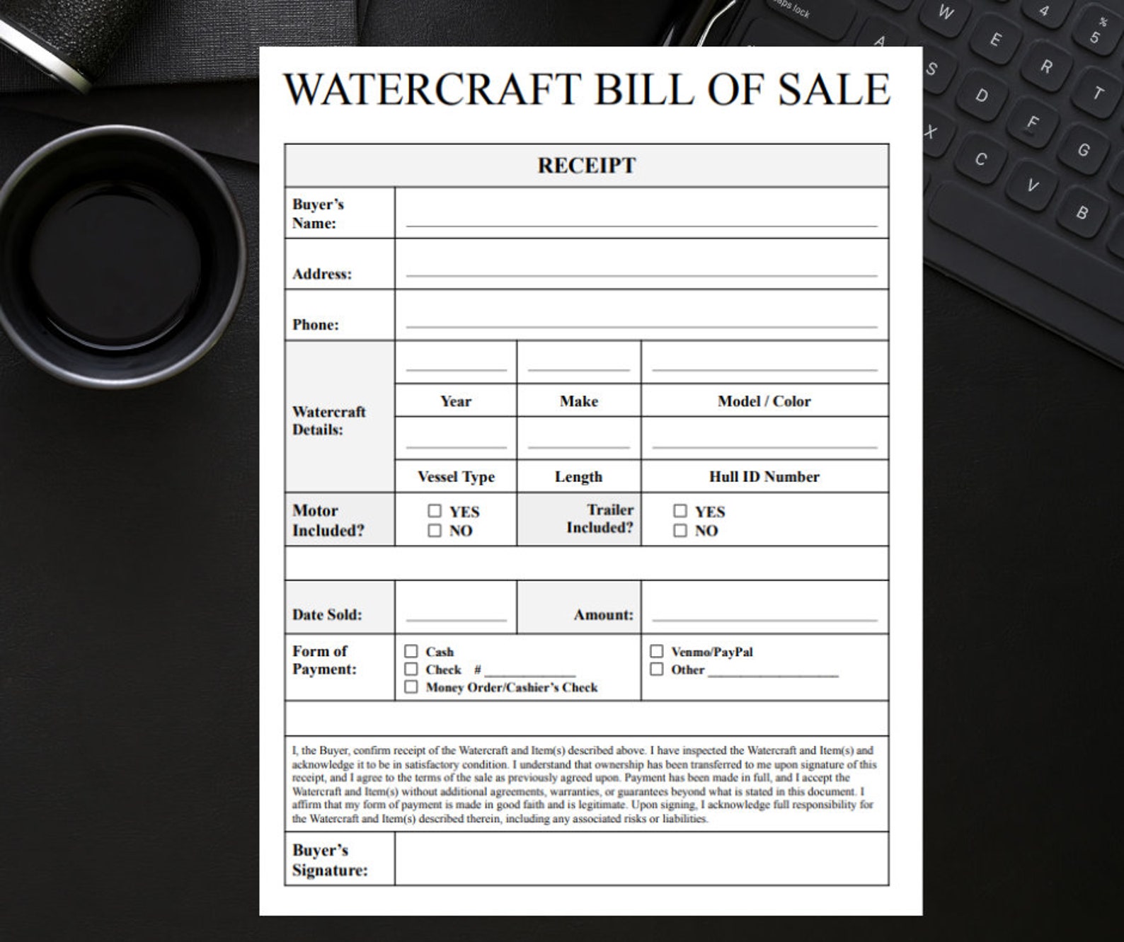 Boat/watercraft Bill of Sale, W/receipt Form - Print and Go - Etsy