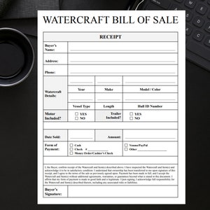 Boat/watercraft Bill of Sale, W/receipt Form - Print and Go - Etsy