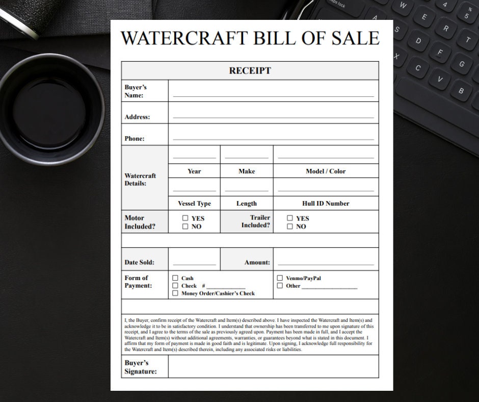 Boat/watercraft Bill of Sale, W/receipt Form - Print and Go - Etsy