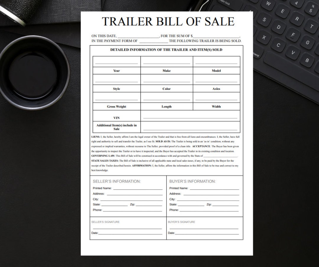 Trailer Bill of Sale, W/receipt Form - Print and Go - Etsy