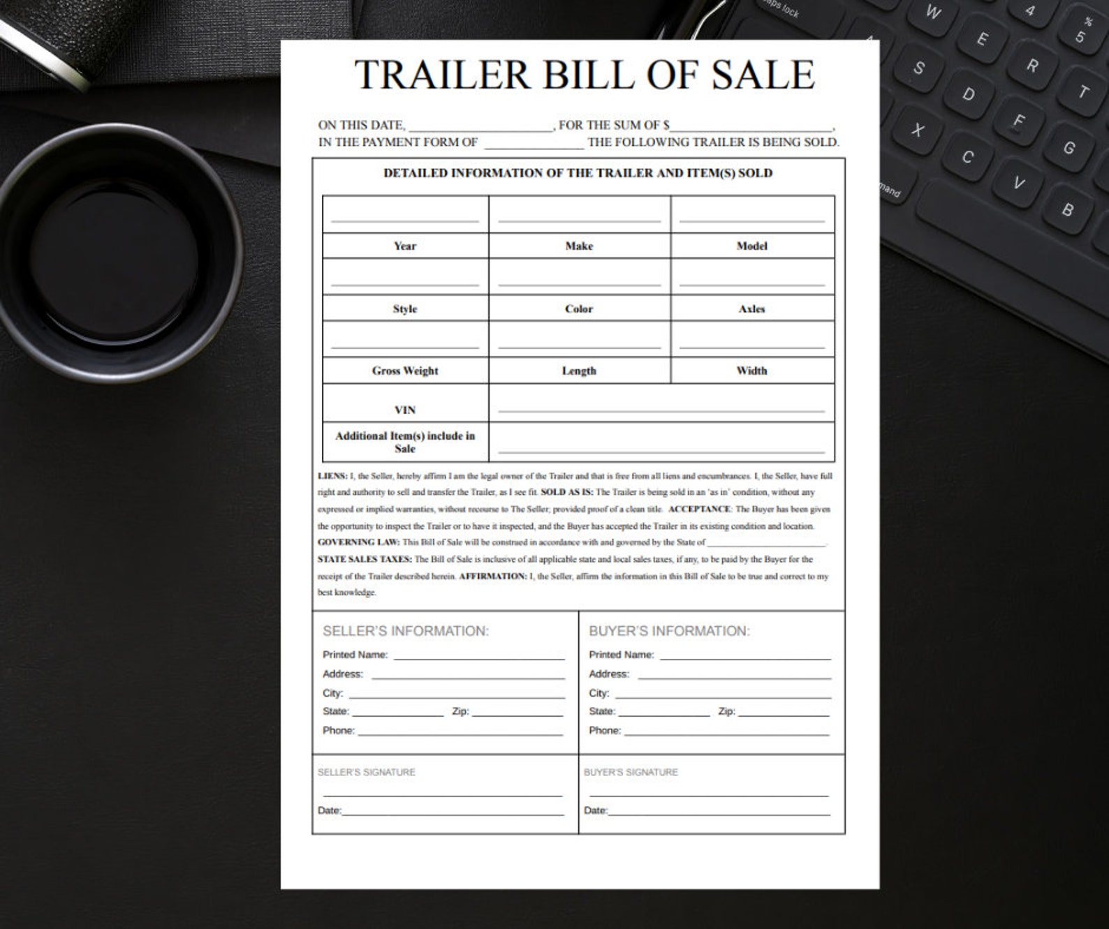 Trailer Bill of Sale, W/receipt Form - Print and Go - Etsy
