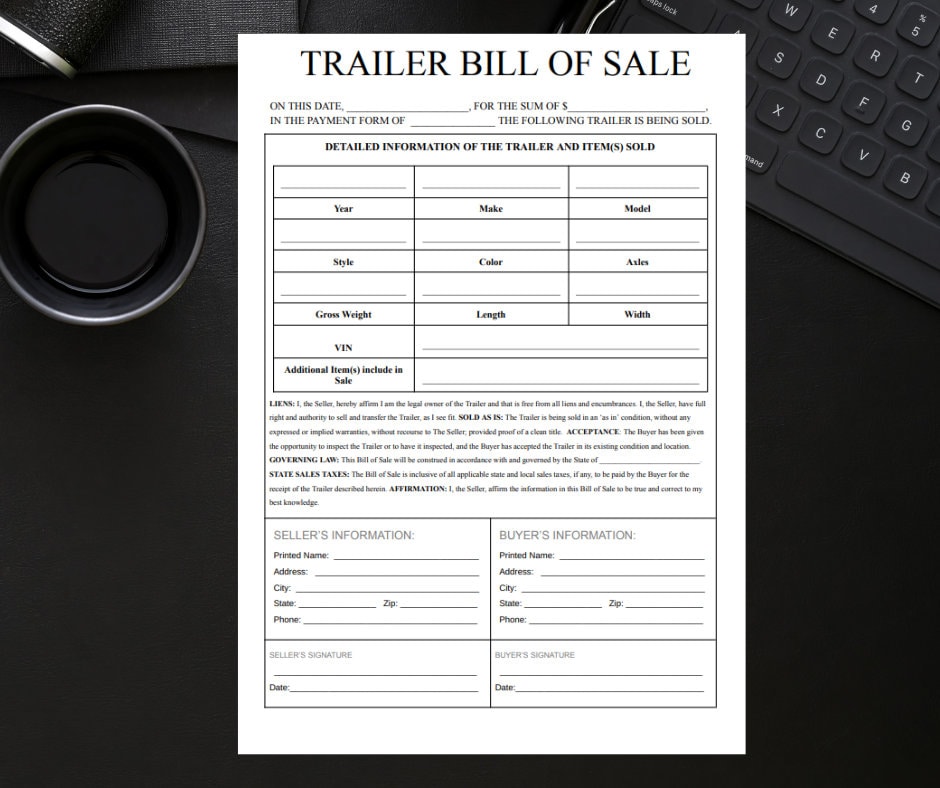 Trailer Bill of Sale, W/receipt Form - Print and Go - Etsy