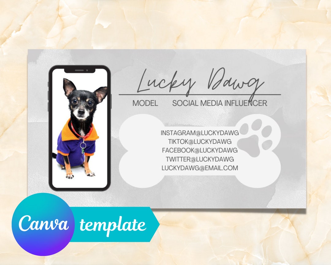 Dog/pet Influencer - 1 Sided Business Card Template - Editable Canva ...