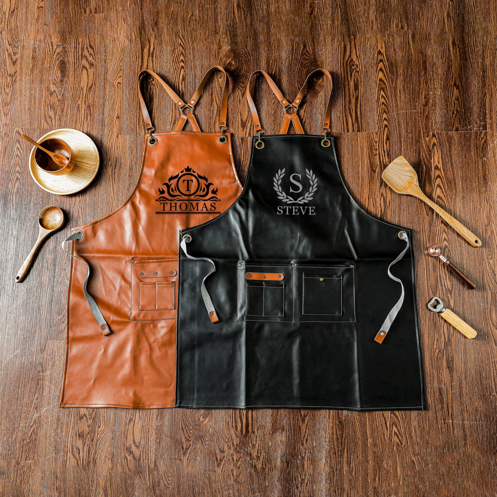 Personalized Bar Apron, PU Leather Workshop Apron With Pockets, Custom ...